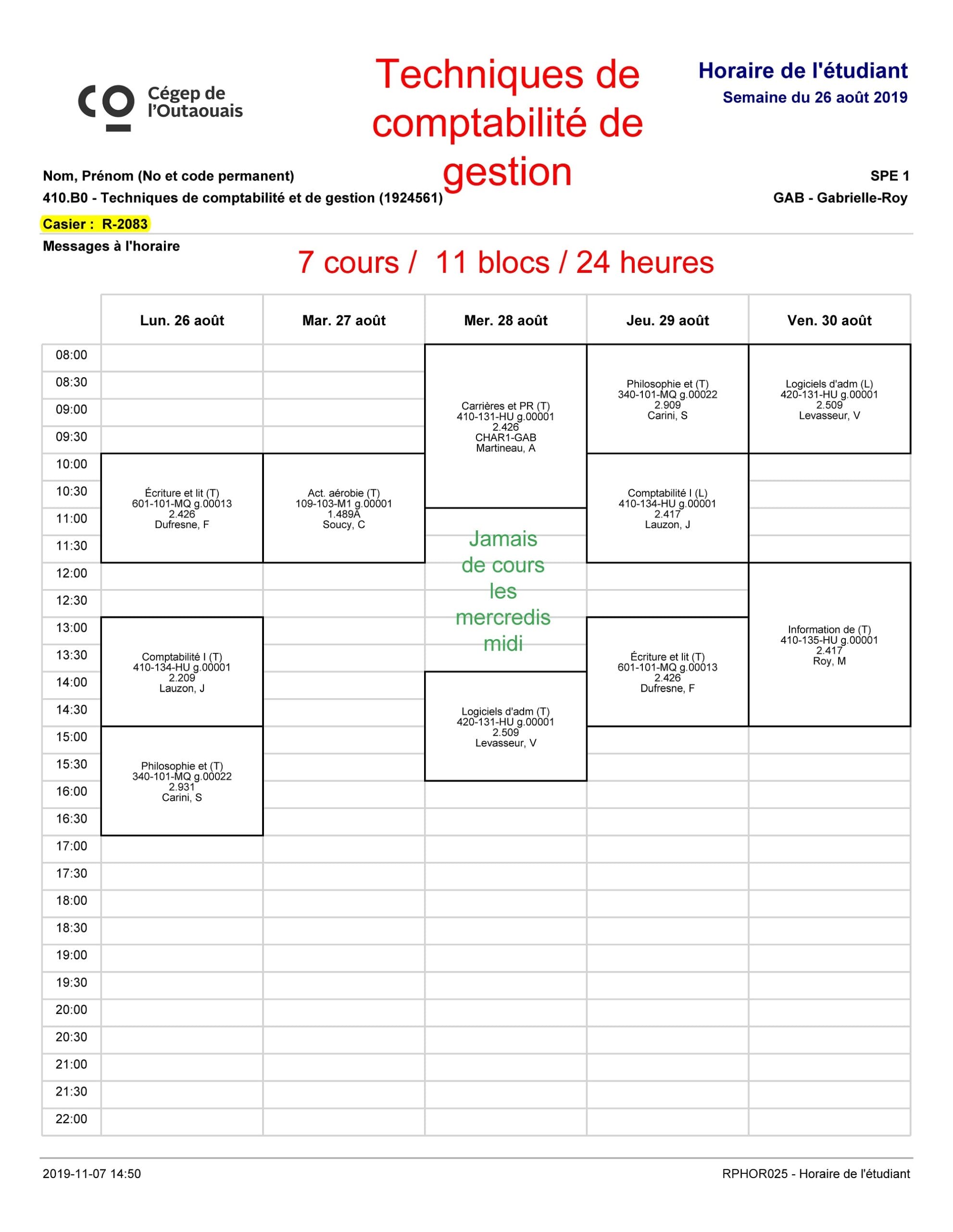 Exemples d’horaires au cégep – Table Éducation Outaouais