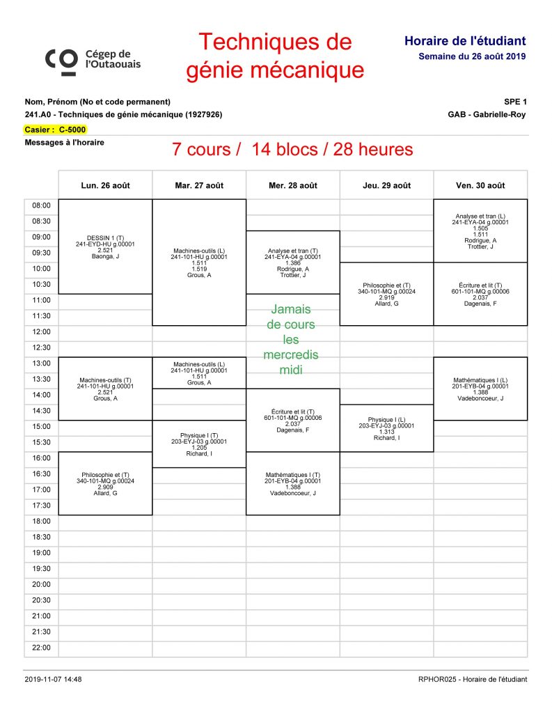 Exemples d’horaires au cégep – Table Éducation Outaouais