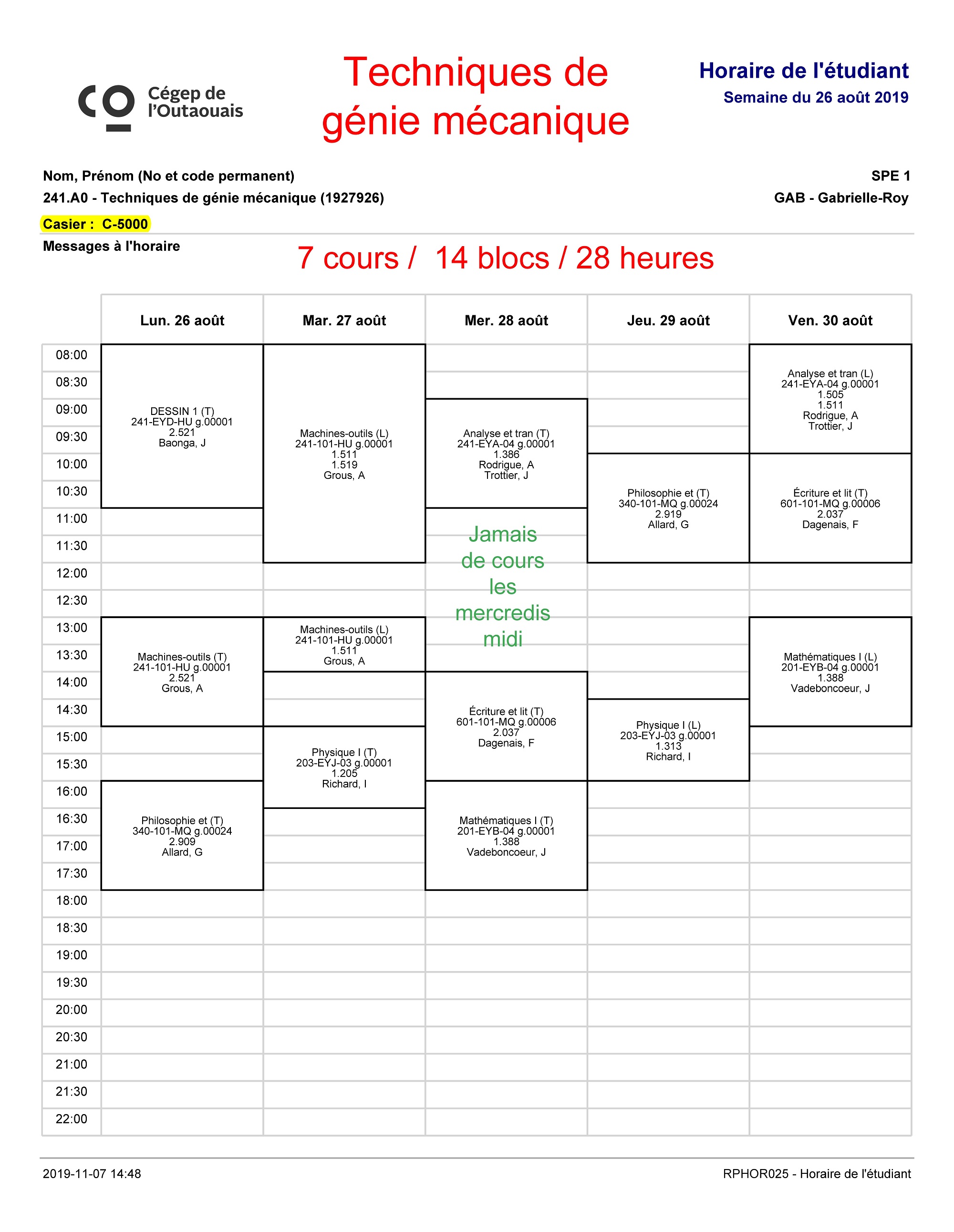 Exemples d’horaires au cégep – Table Éducation Outaouais
