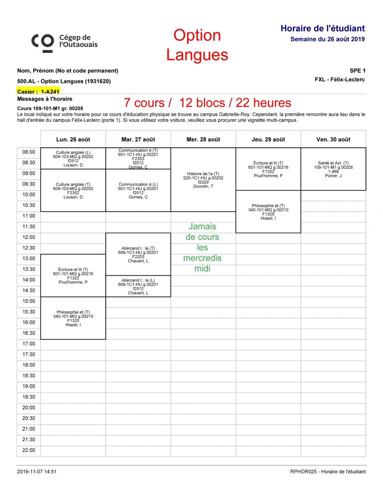Exemples d’horaires au cégep – Table Éducation Outaouais