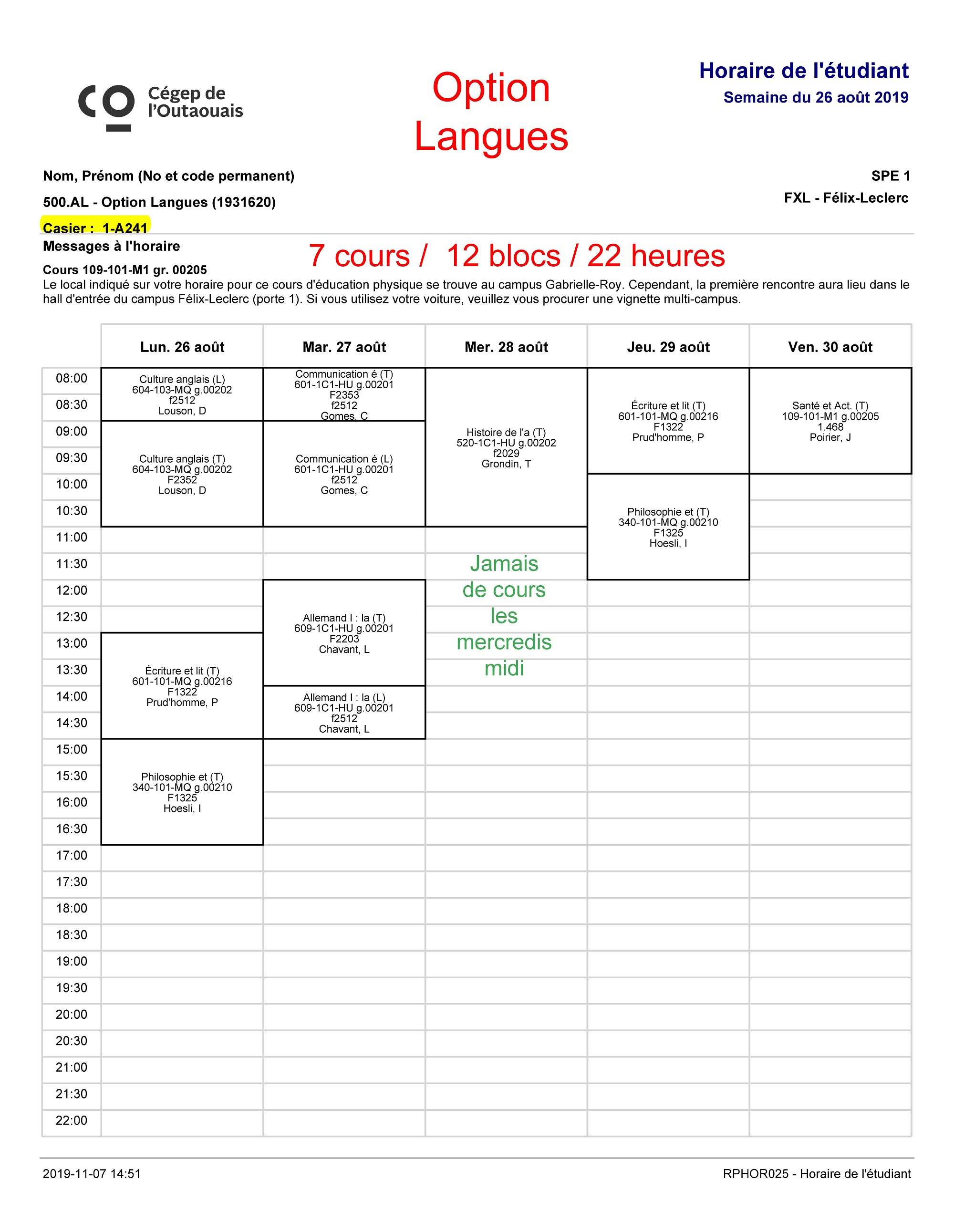 Exemples d’horaires au cégep – Table Éducation Outaouais
