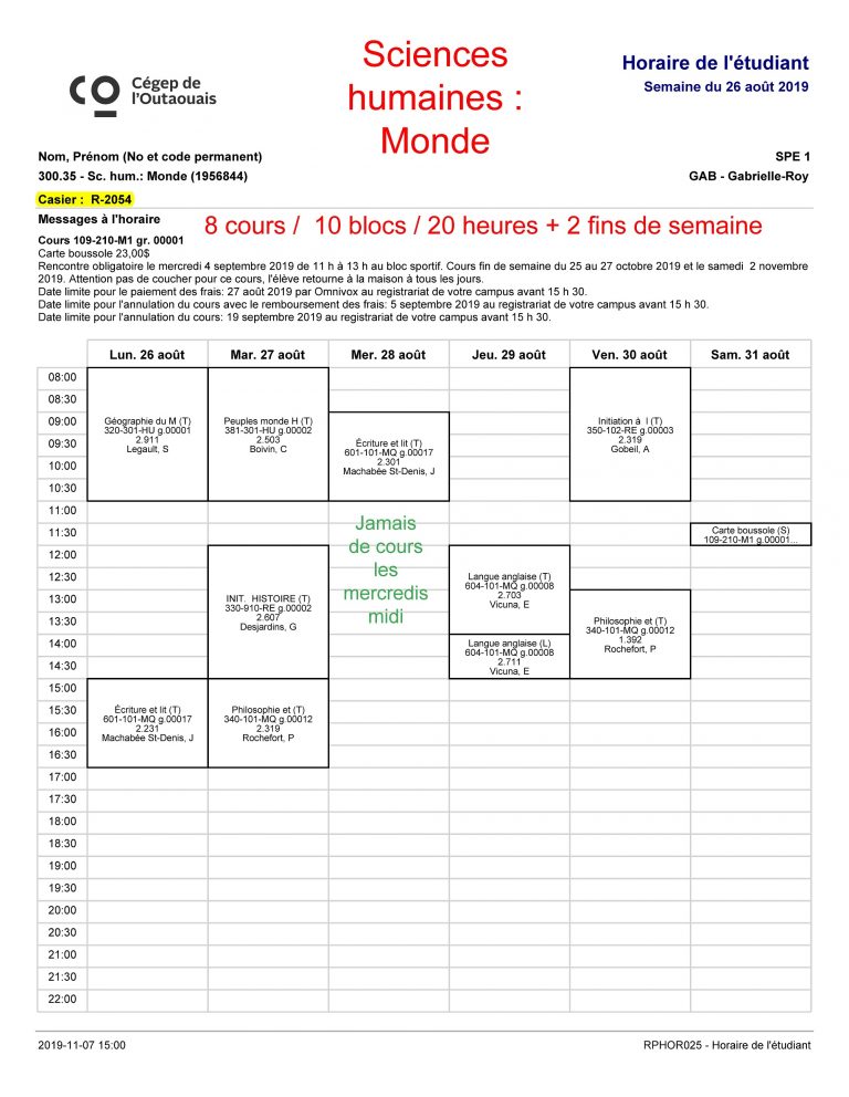 Exemples d’horaires au cégep – Table Éducation Outaouais