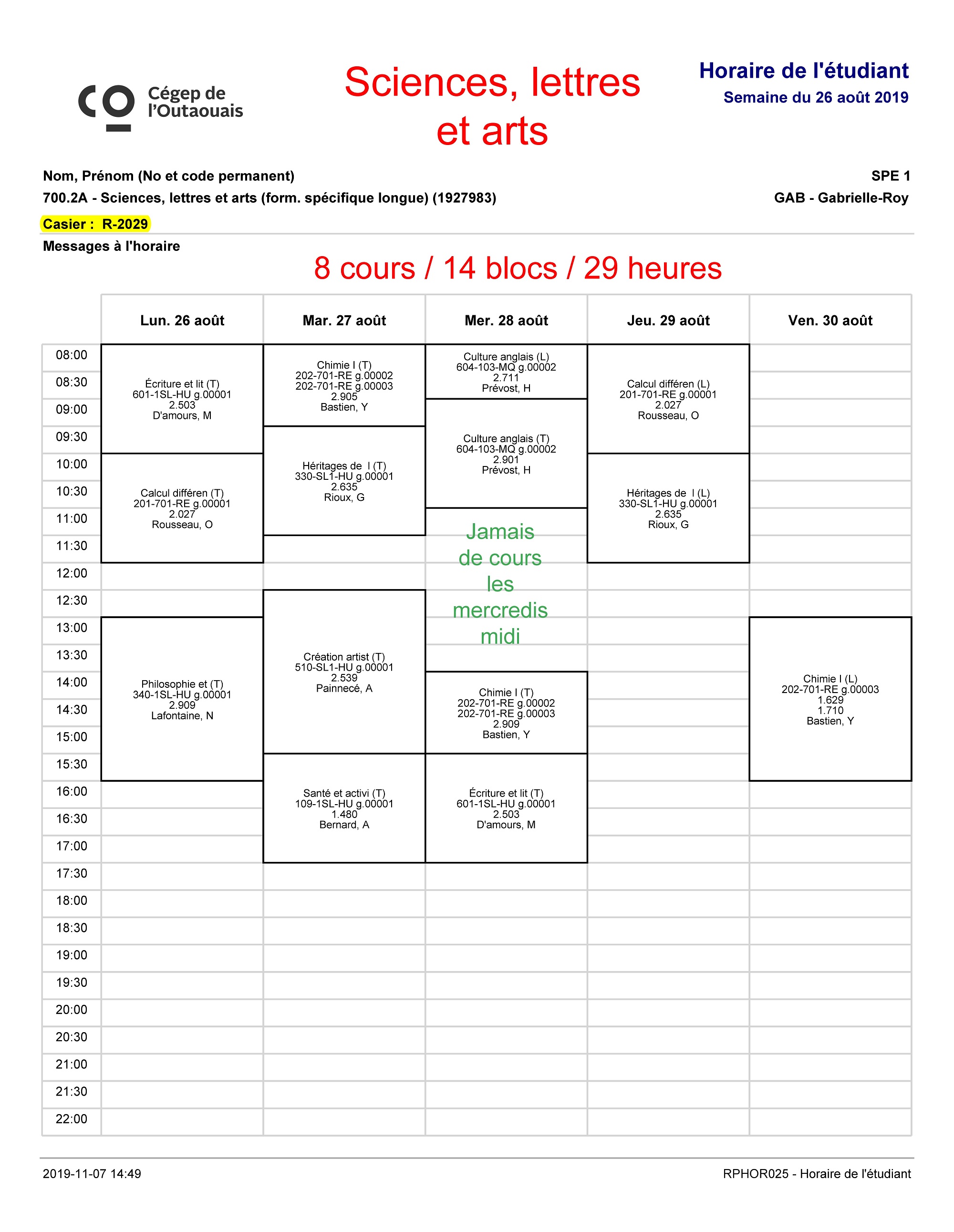 Exemples d’horaires au cégep – Table Éducation Outaouais