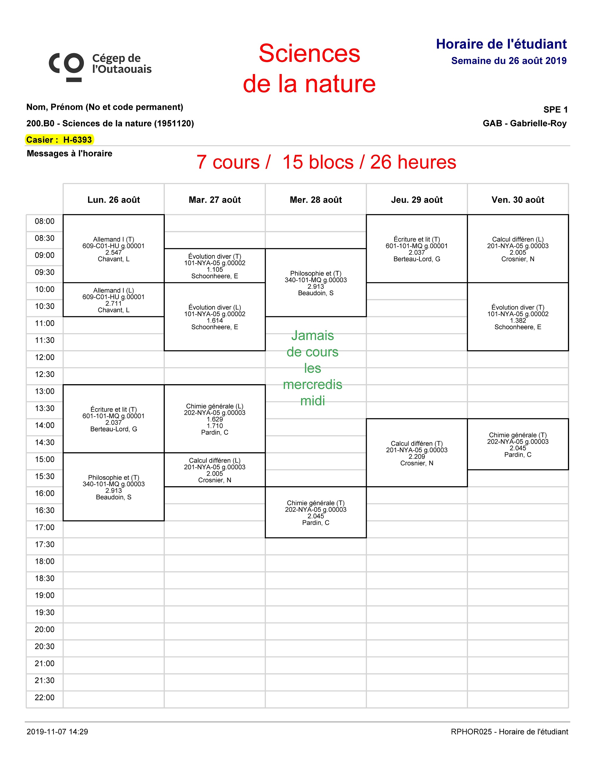 Exemples d’horaires au cégep – Table Éducation Outaouais